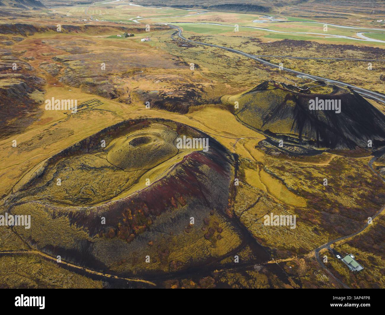 Aerial view of Grabrok volcanic mountain in the Highlands region of ...
