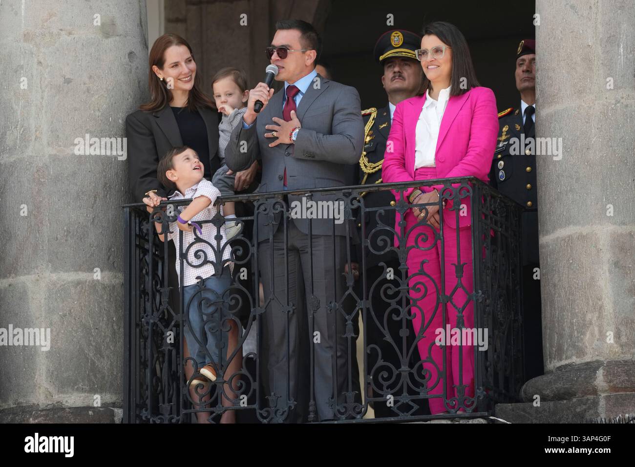 Ecuador's President Daniel Noboa speaks alongside his wife Lavinia ...
