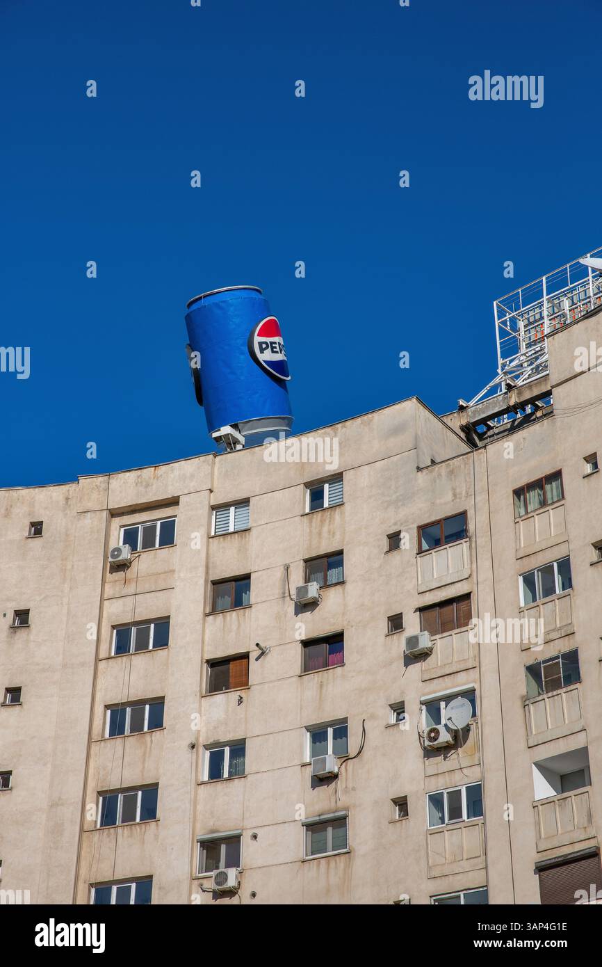 Bucharest, Romania - January 01, 2025: A huge advertising can of Pepsi ...