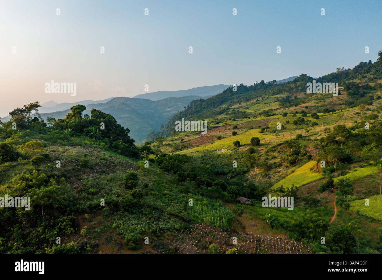 Aerial view of a hilly landscape at sunset Van Chan, Vietnam Stock ...