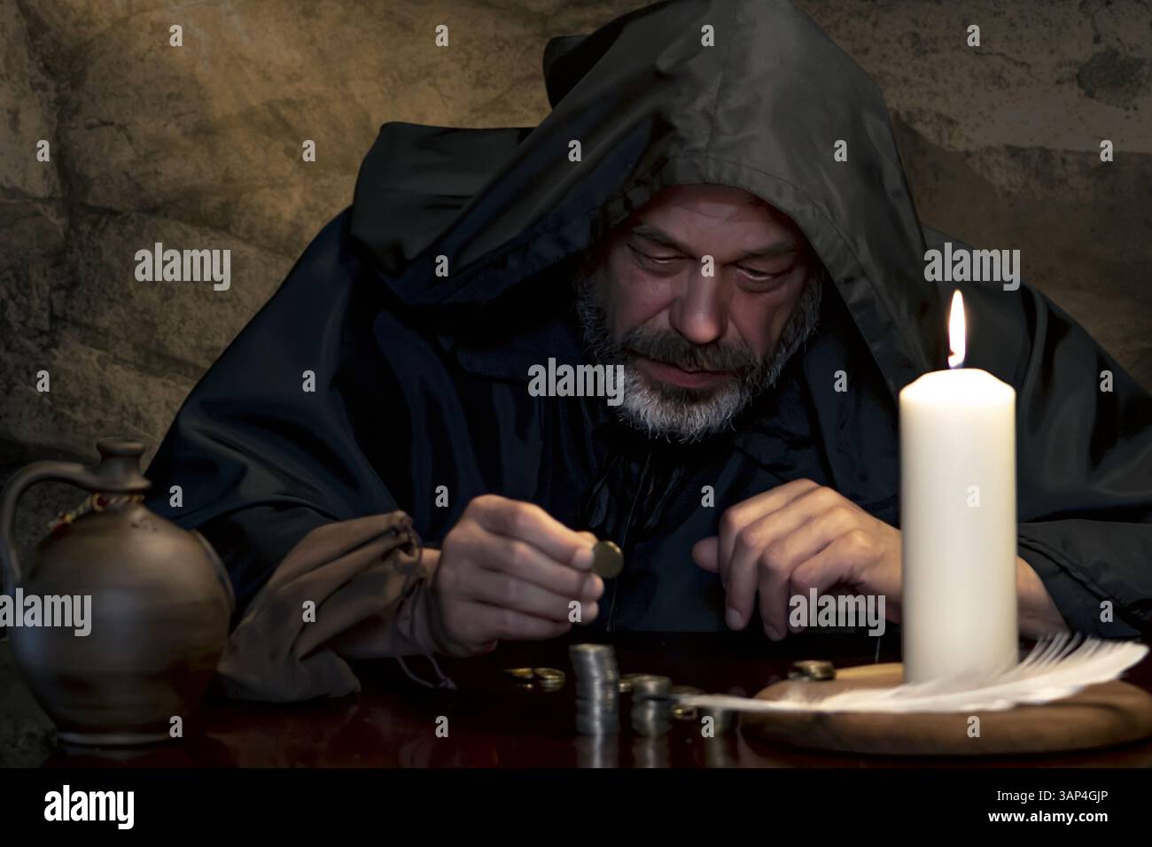 A medieval monk counting coins by candlelight Stock Photo - Alamy