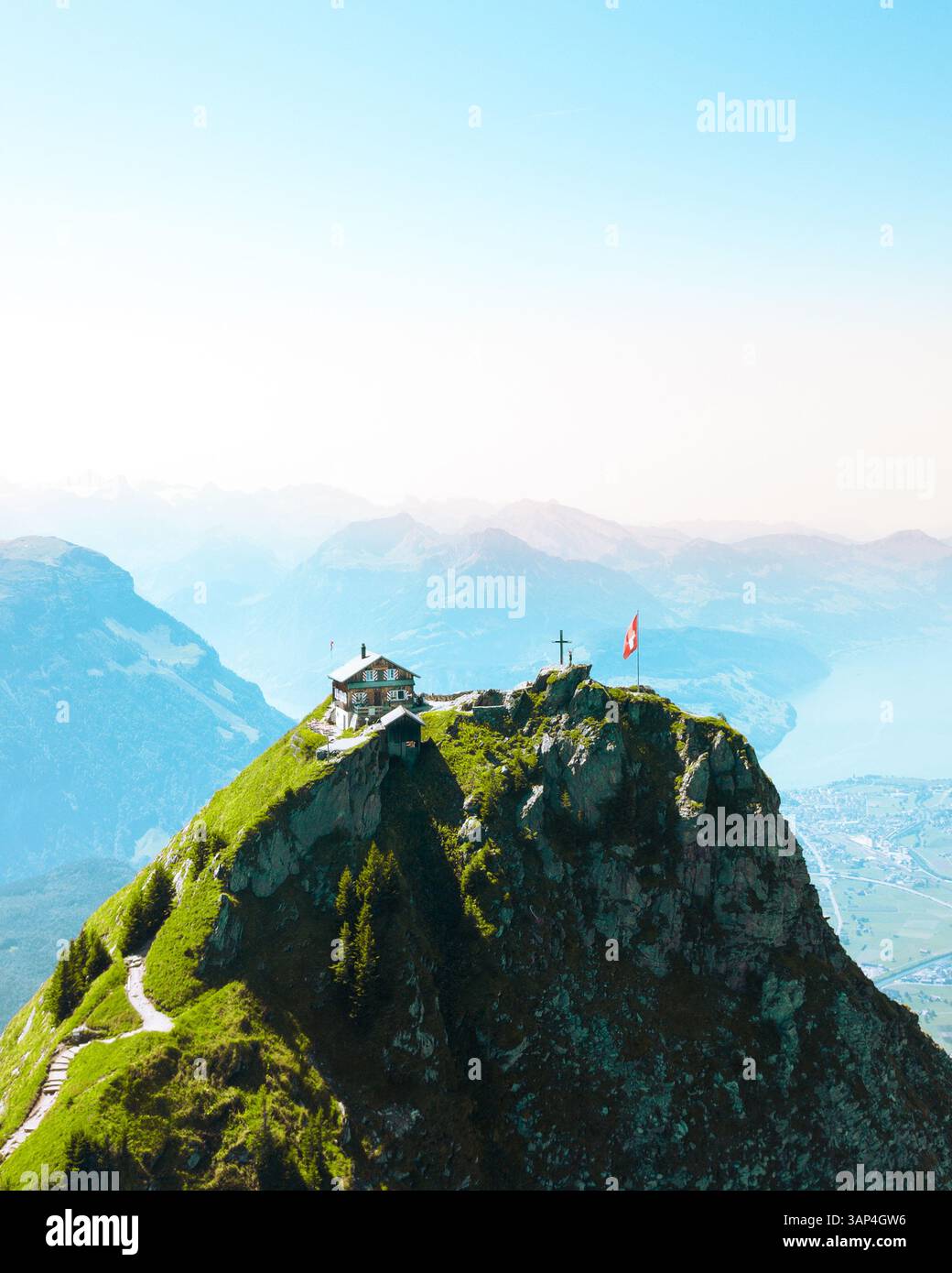 Aerial view of traditional Swiss mountain hut at Grosse Mythen ...