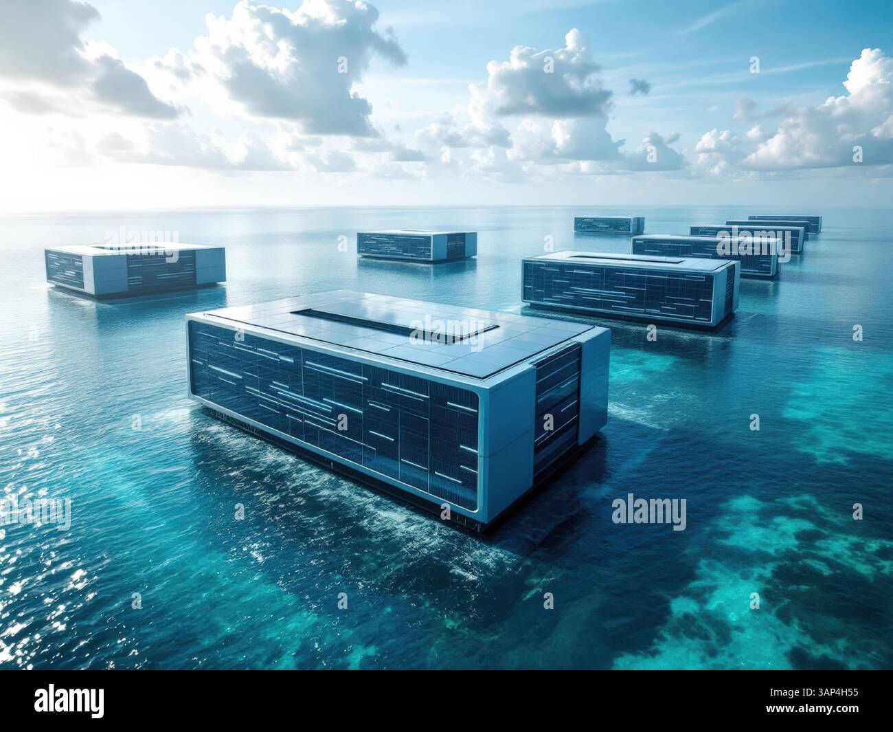 Futuristic AI generated image of multiple floating structures on a calm ...