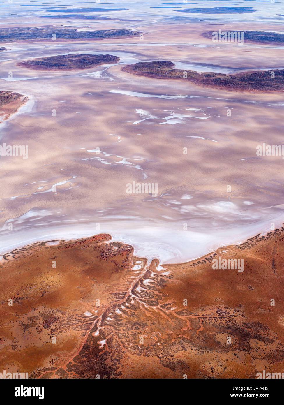 Aerial view of Lake Mackay, salt lake, and desert terrain, Gibson ...