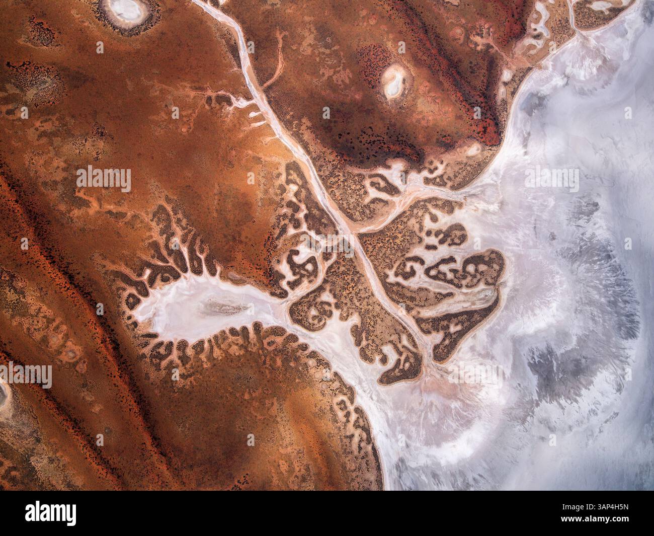 Aerial view of colorful salt lake Mackay in arid desert terrain, Gibson ...