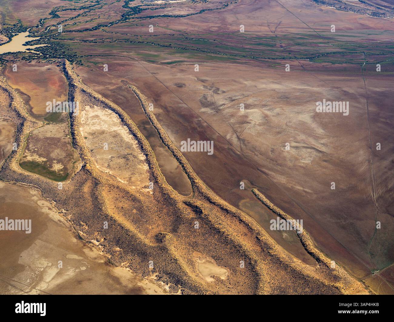Aerial view of flood plain and Diamantina River in Channel Country ...