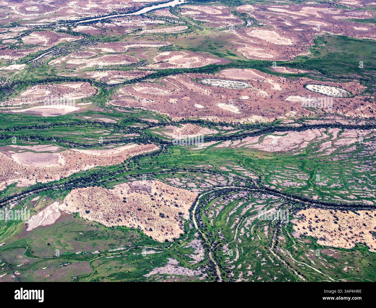Aerial view of Cooper Creek in flood plain, Channel Country, Tanbar ...