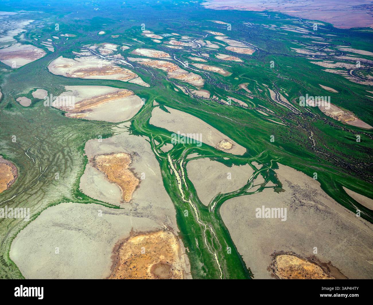 Aerial view of flood plain and river in wetlands and marsh, Tanbar ...