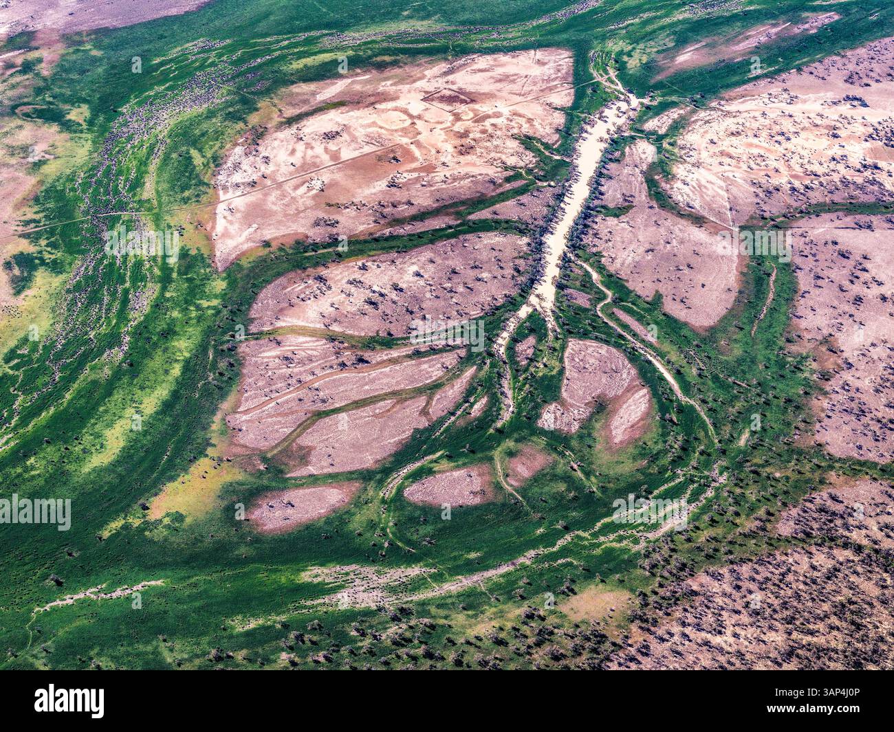 Aerial view of meandering river and flood plain with wetlands and ...