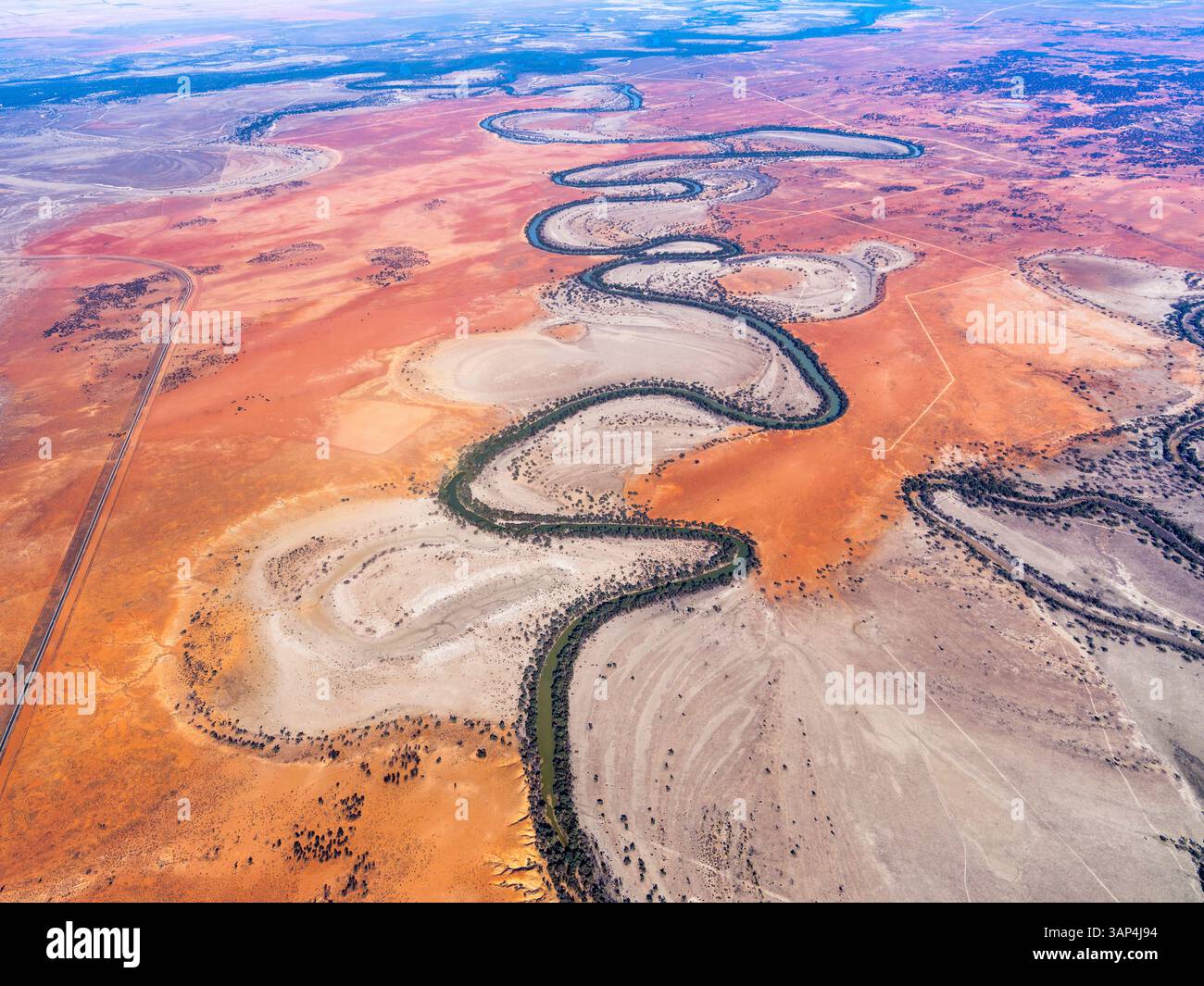 Aerial view of meandering Darling River Anabranch in dry desert ...