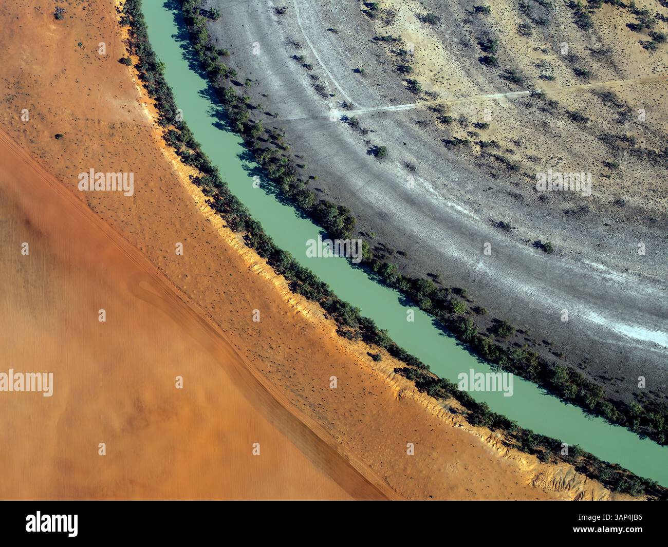 Aerial view of river bend and sand dune in Darling River Anabranch, New ...