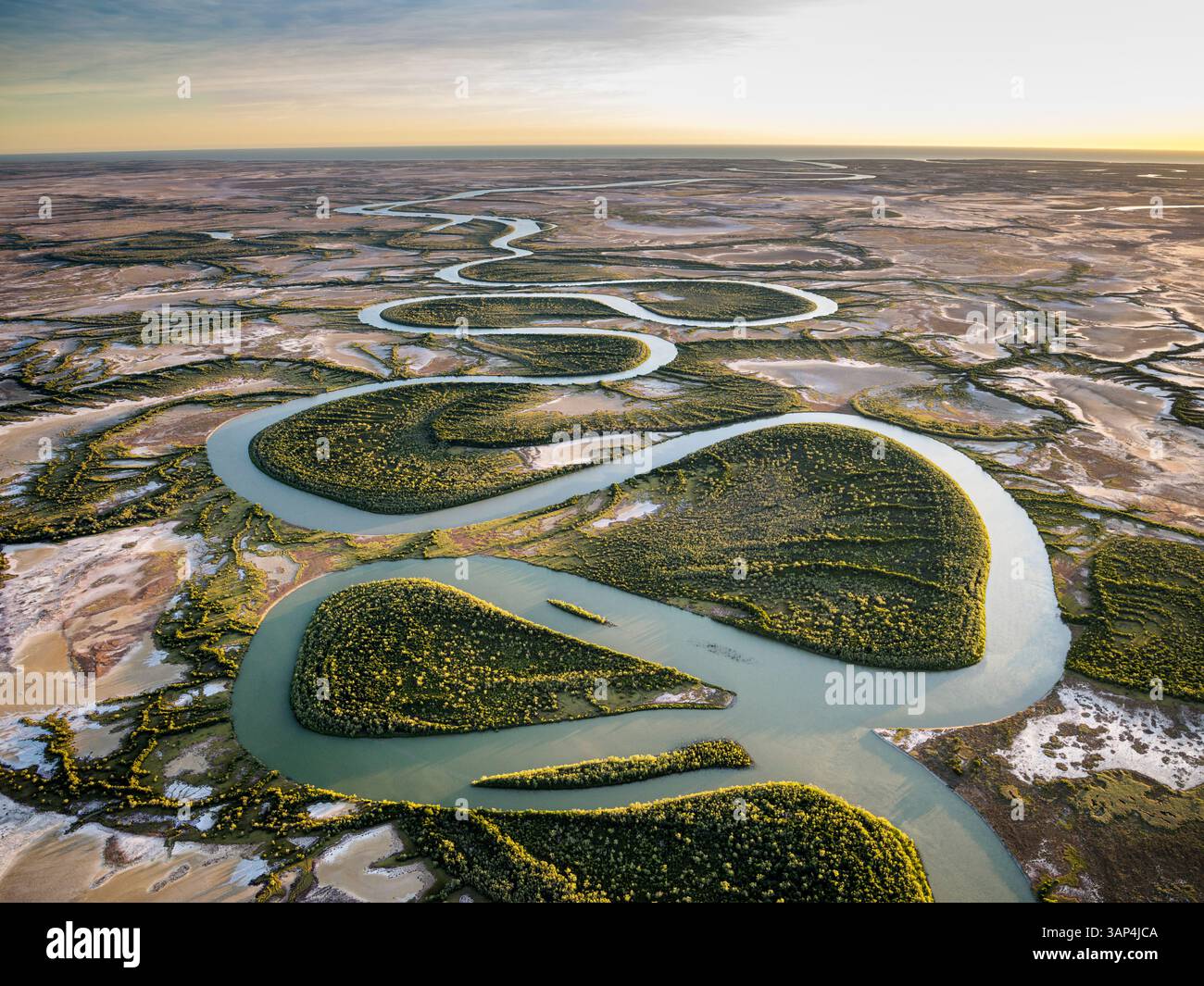 Aerial view of winding river through wetlands and mangroves, Gulf of ...