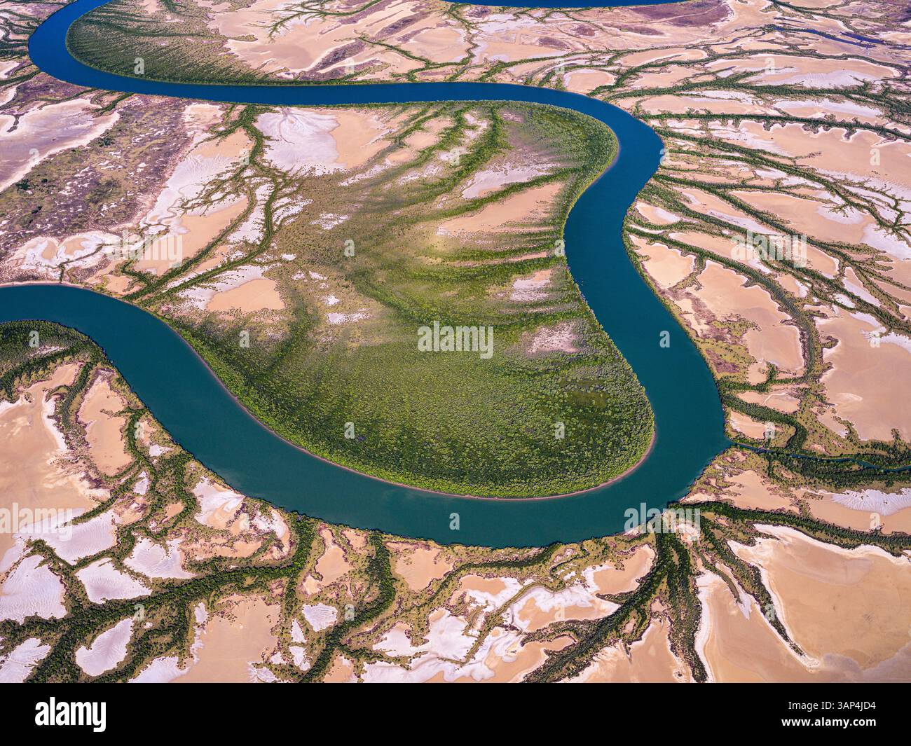 Aerial view of winding river in flood plain and delta, Gulf of ...
