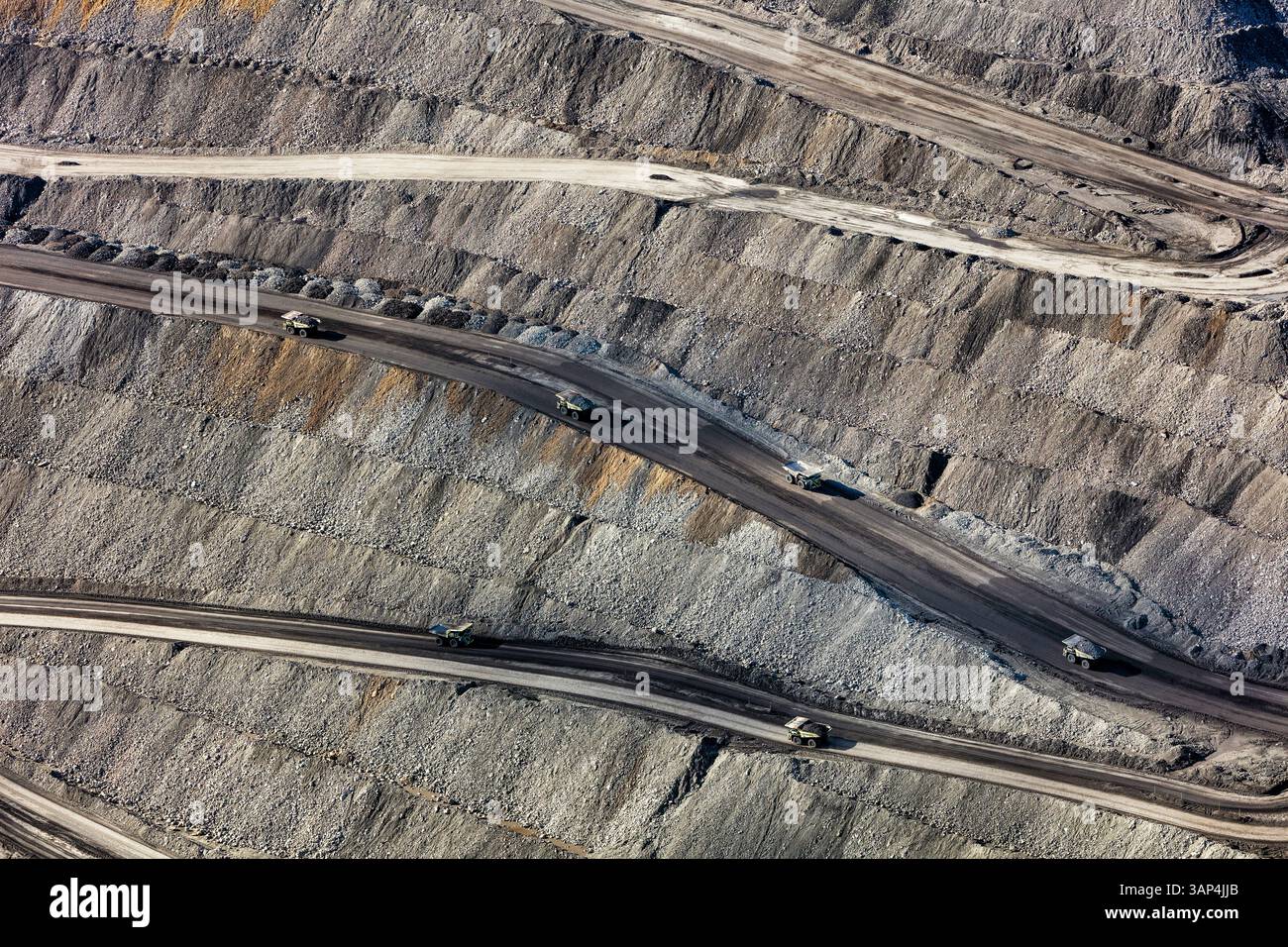 Aerial view of open cut coal mining with heavy machinery, Mount Thorley ...