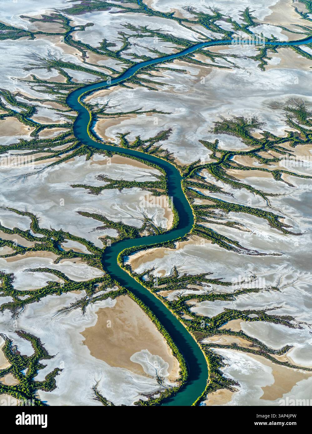 Aerial view of meandering river through wetlands and silt, Burketown ...
