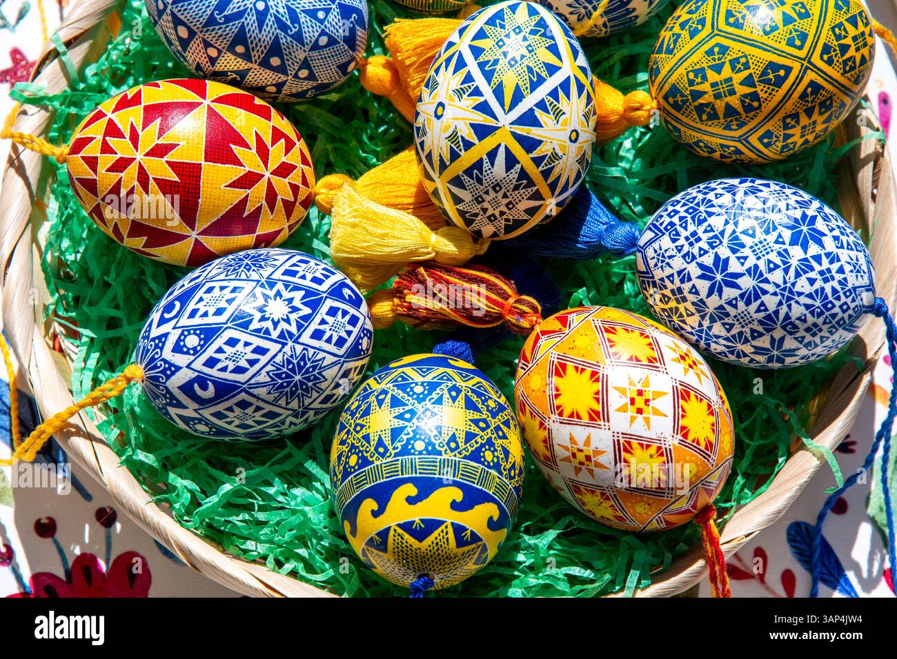 Colorful Easter eggs inspired by traditional Ukrainian pysanky display intricate folk patterns ...