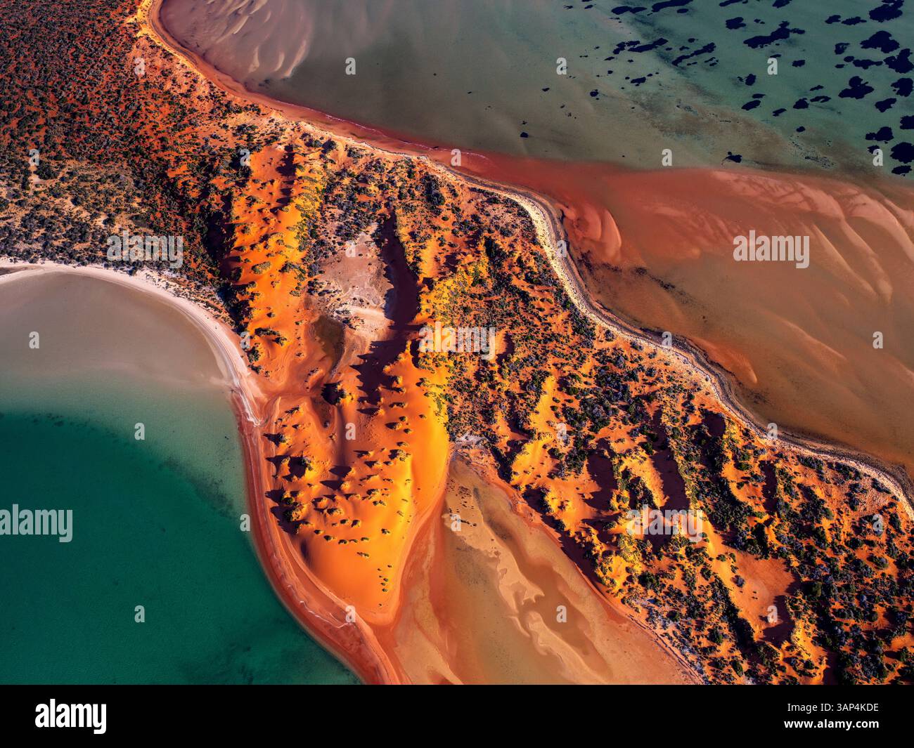 Aerial view of vibrant coastal landscape with red sand dunes and ...