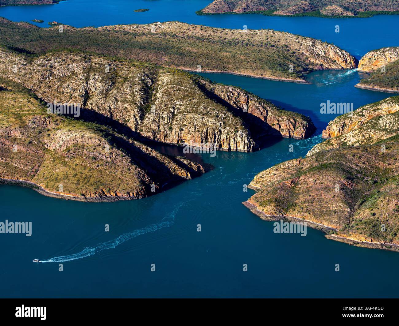 Aerial view of Horizontal Falls and rugged cliffs along the Kimberley ...