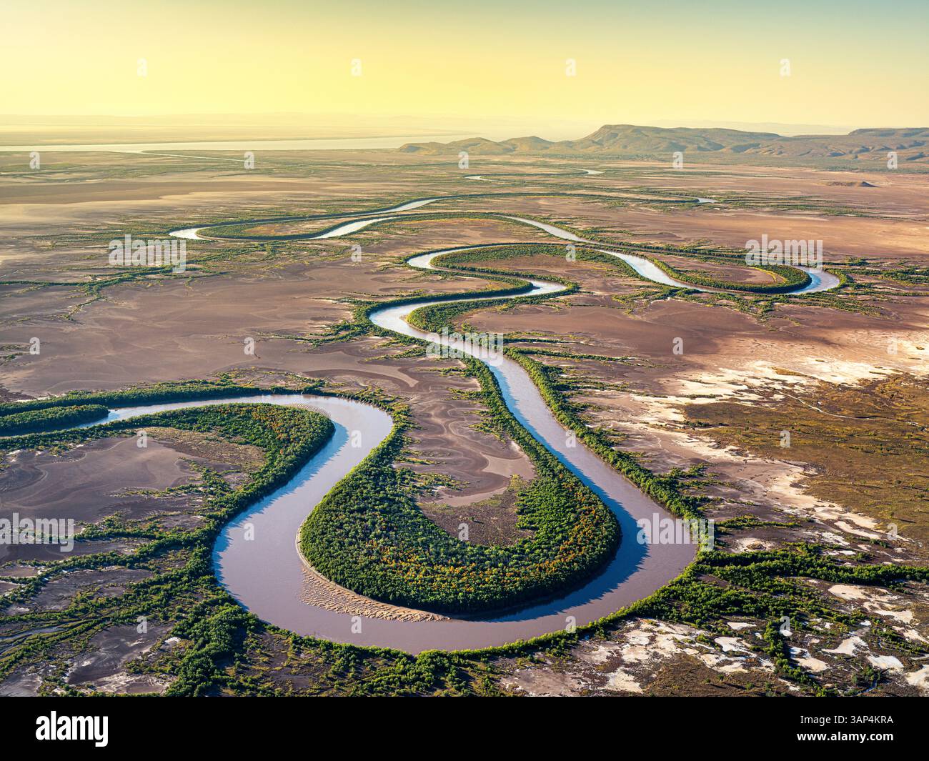 Aerial view of meandering King River at sunset, The Kimberley ...