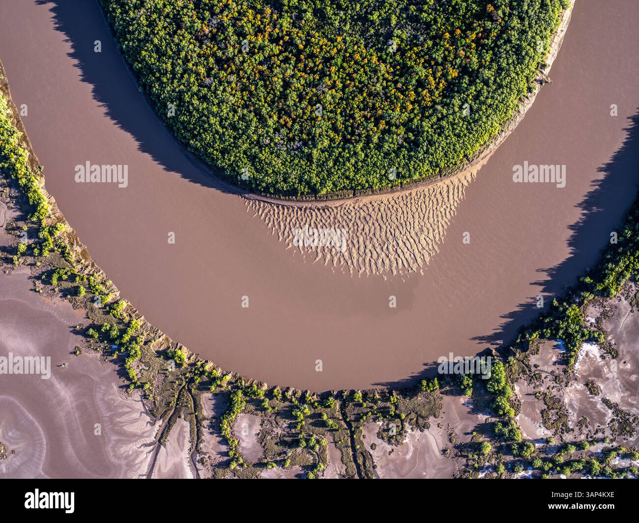 Aerial view of meandering King River with curved river and lush ...