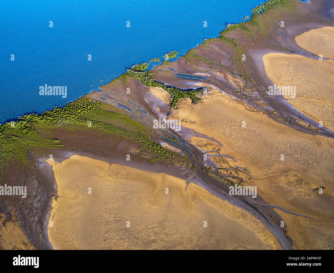 Aerial view of tidal flats, water, sand, and vegetation in The ...