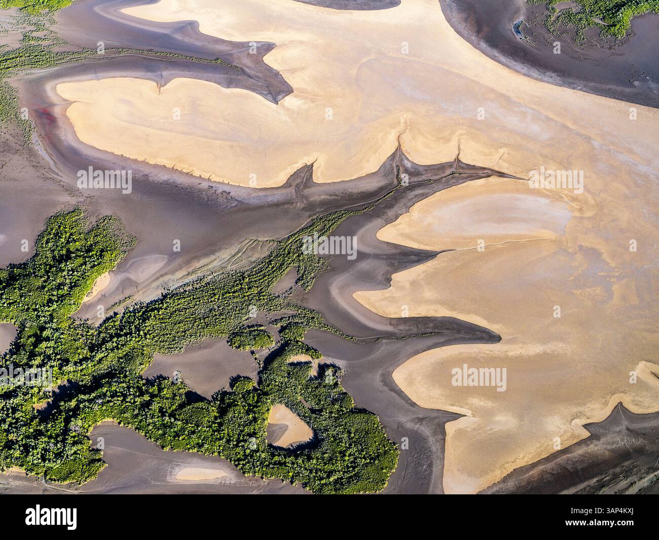 Aerial view of tidal flats and wetlands with river and stream ...
