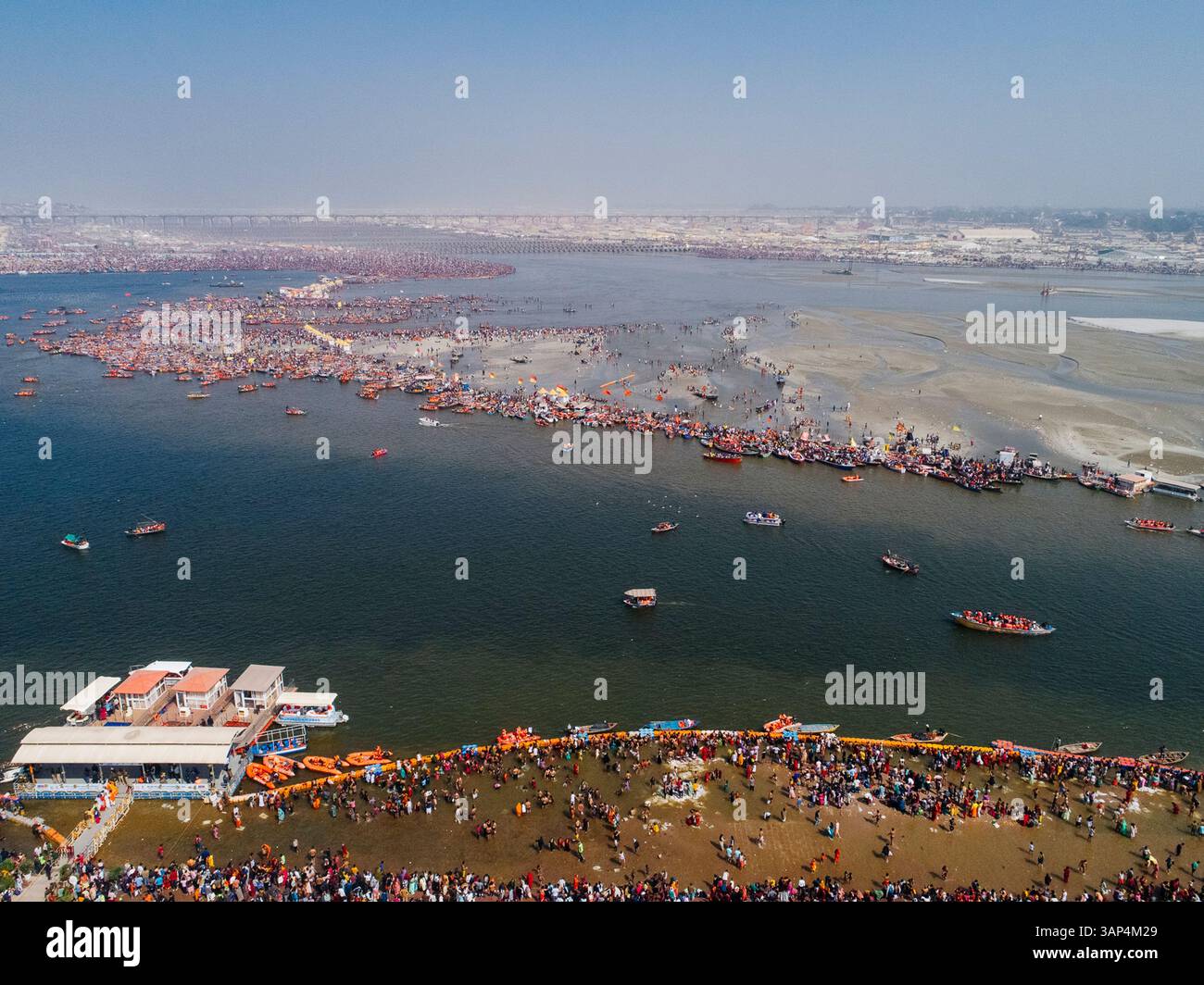Aerial View of people gathering for Prayag Kumbh Mela along the Yamuna ...