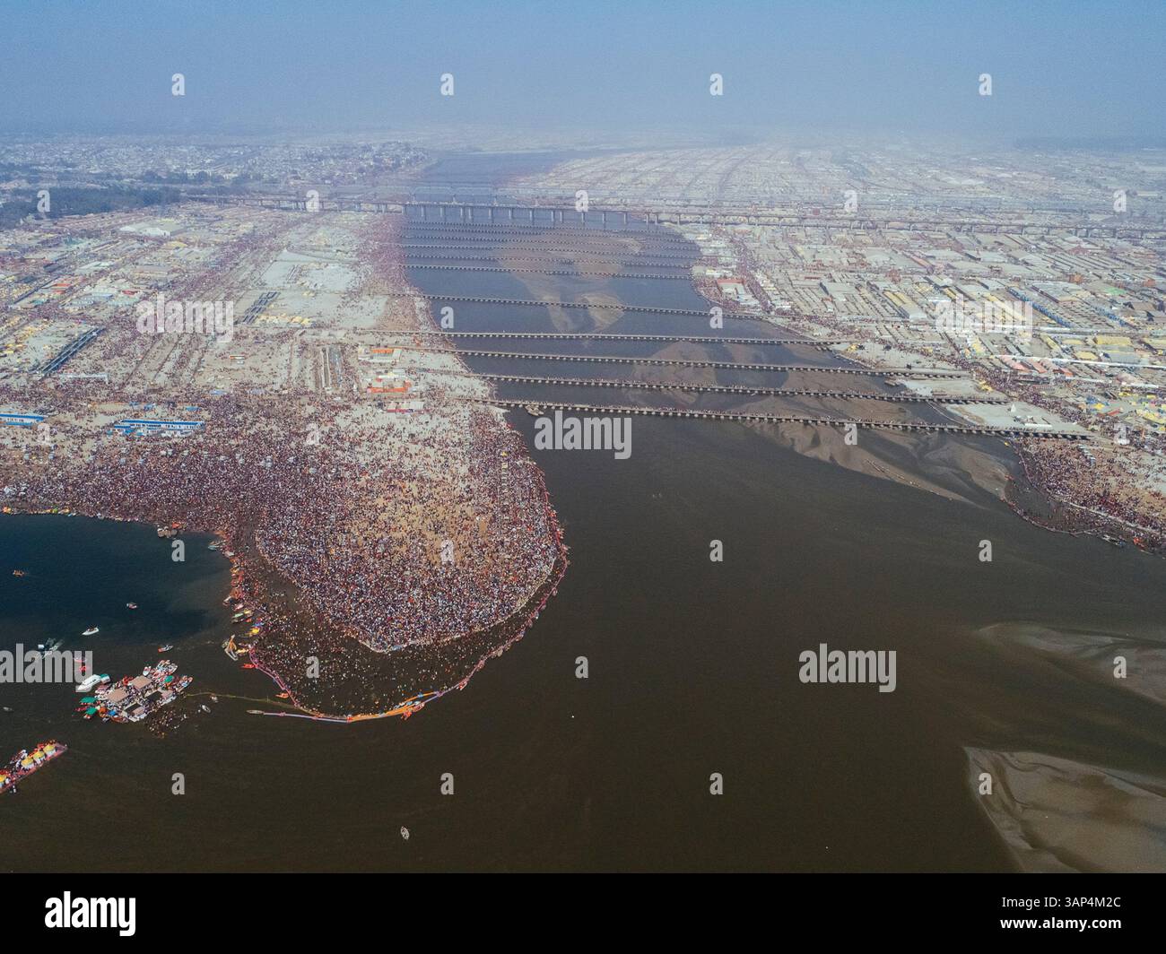 Aerial View of people gathering for Prayag Kumbh Mela along the Yamuna ...