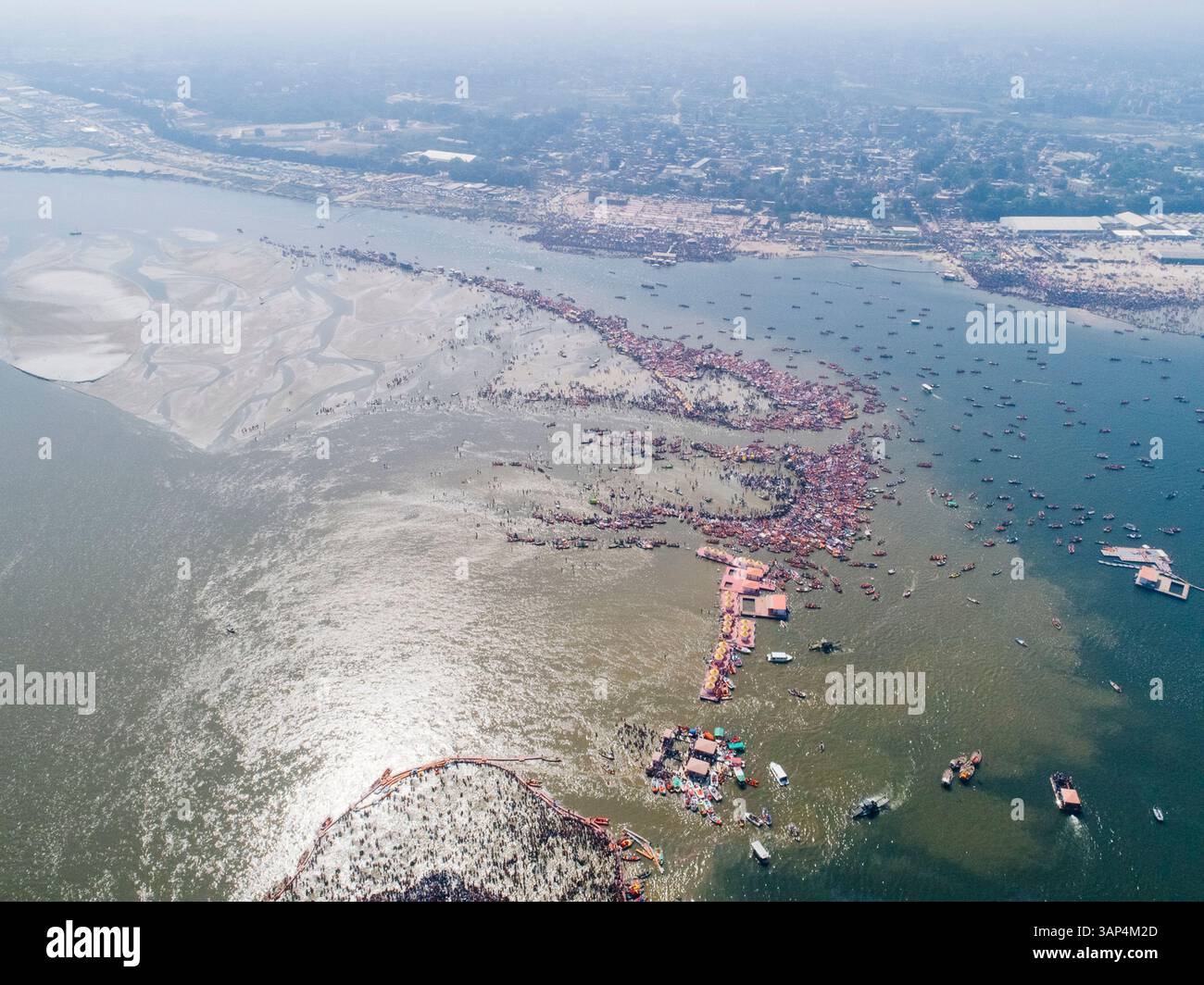 Aerial View of people gathering for Prayag Kumbh Mela along the Yamuna ...