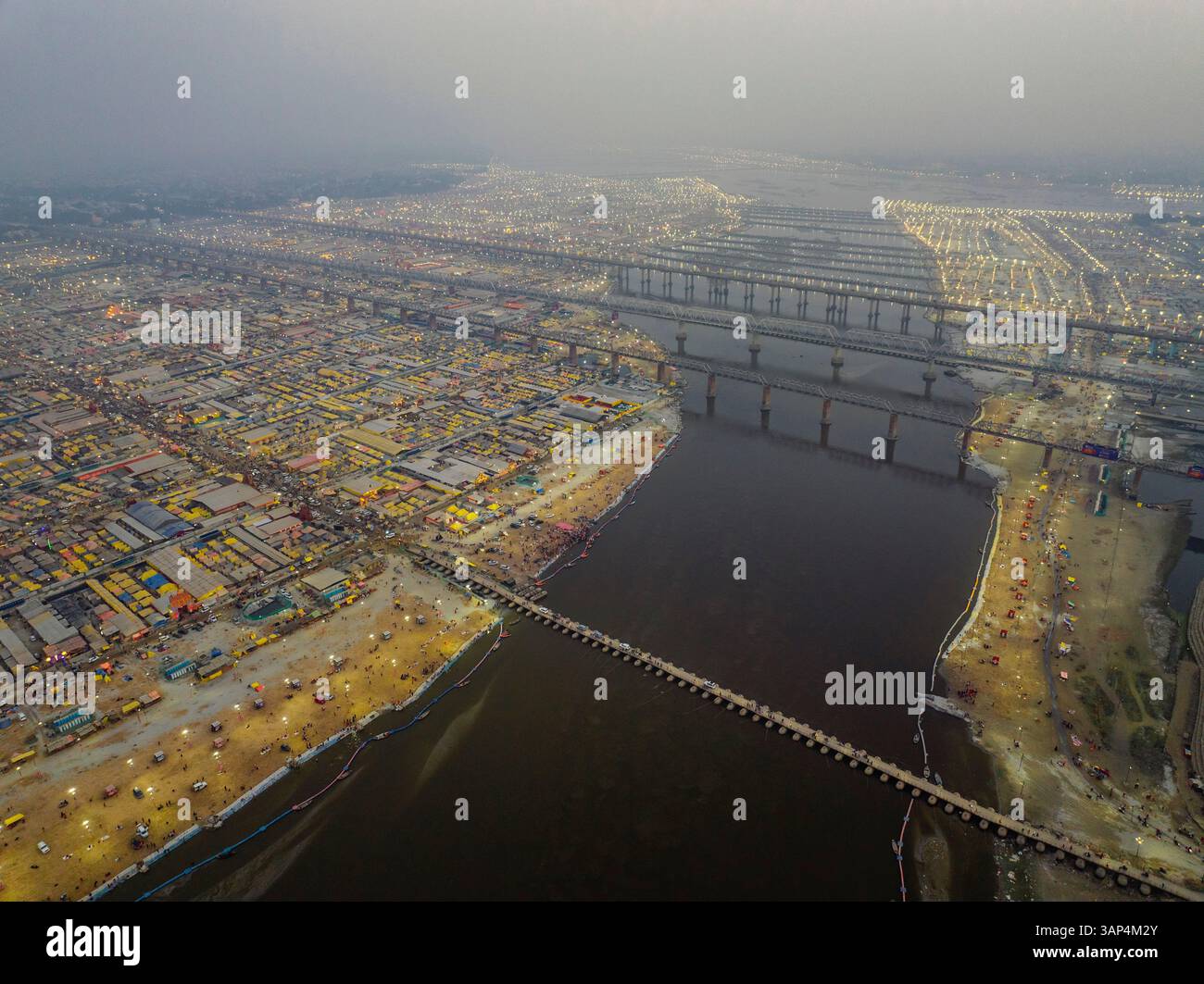 Aerial View of people gathering for Prayag Kumbh Mela along the Yamuna ...