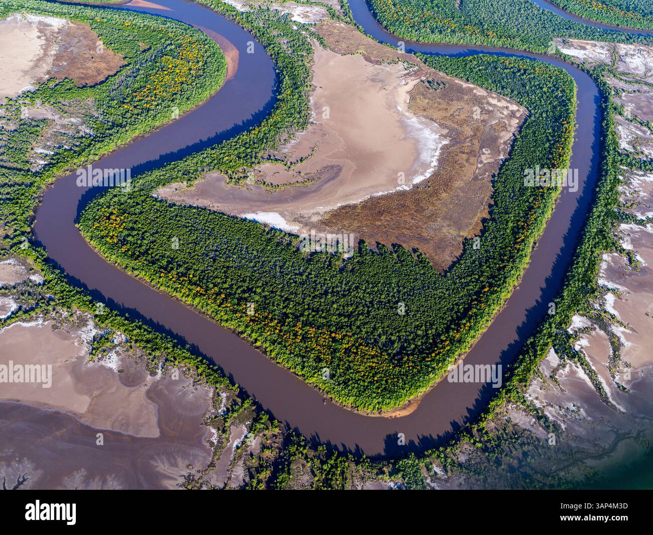 Aerial view of winding King River through remote wilderness, The ...