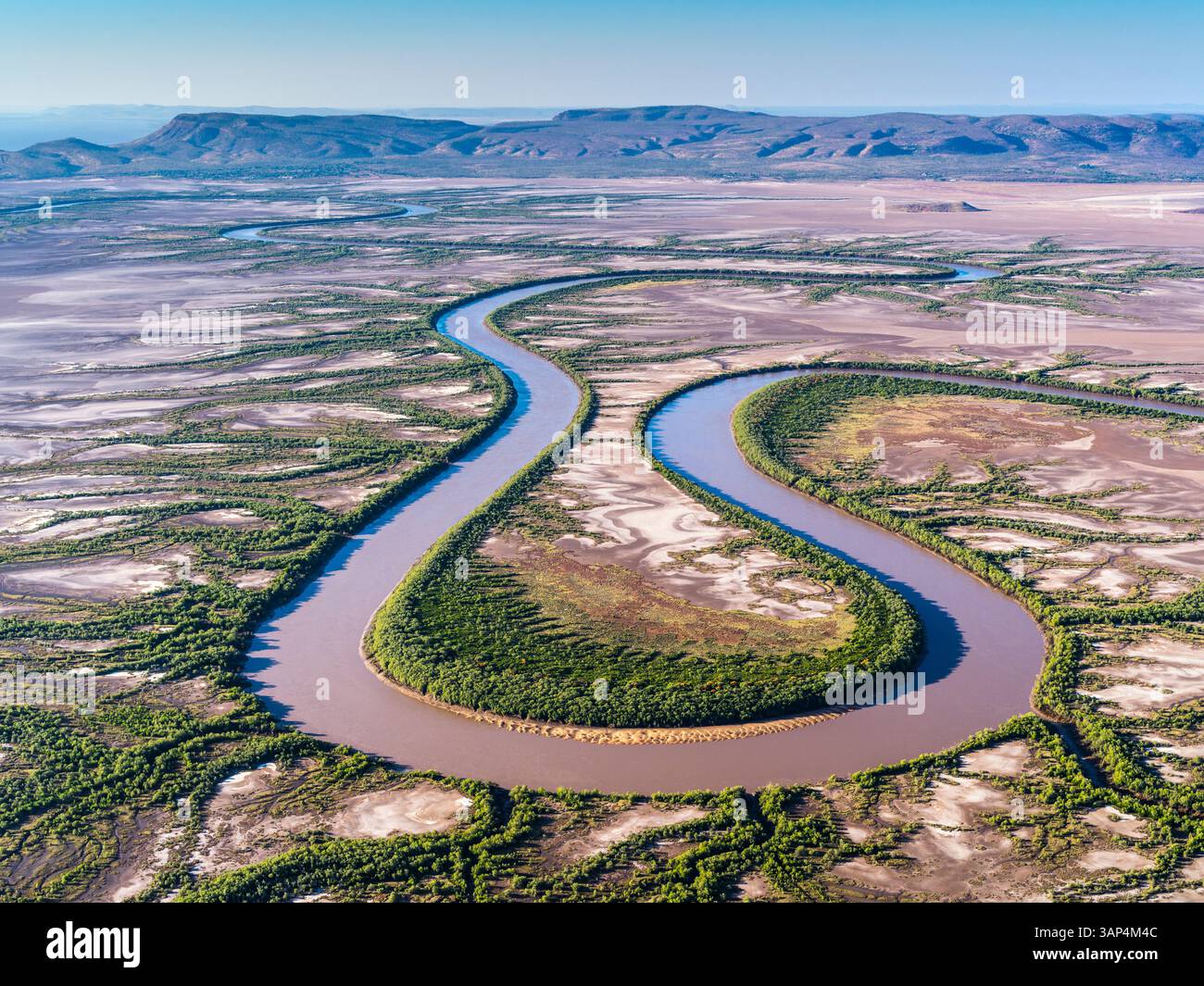 Aerial view of winding King River with meandering bends and curves, The ...