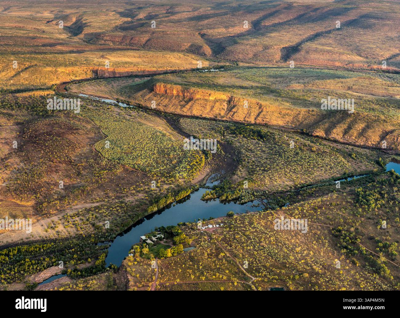 Aerial view of Chamberlain River Gorge at sunset, El Questro, The ...