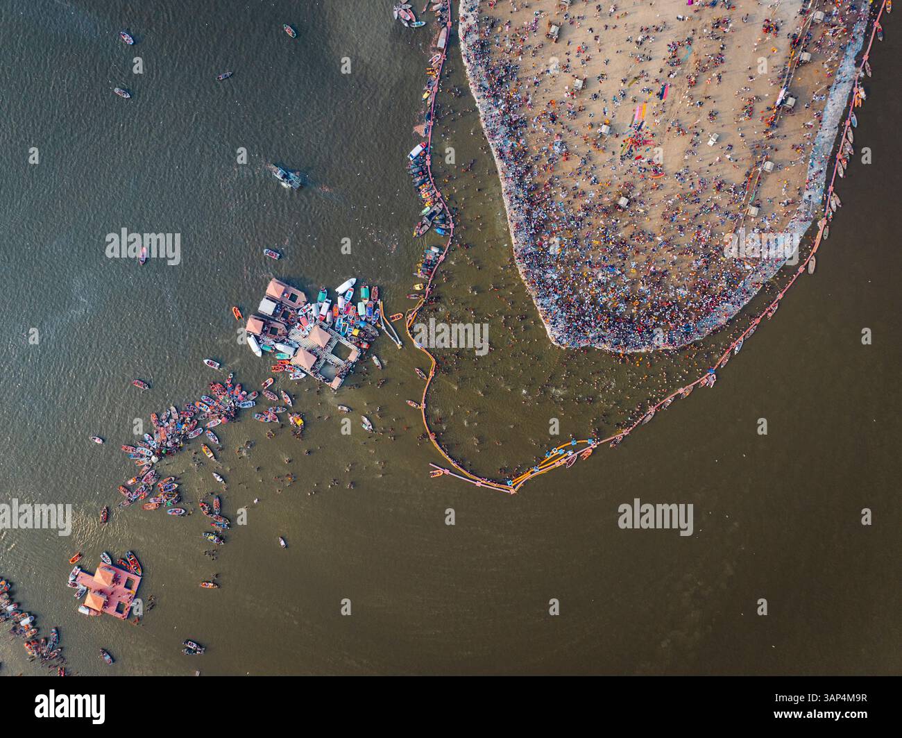 Aerial View of people gathering for Prayag Kumbh Mela along the Yamuna ...