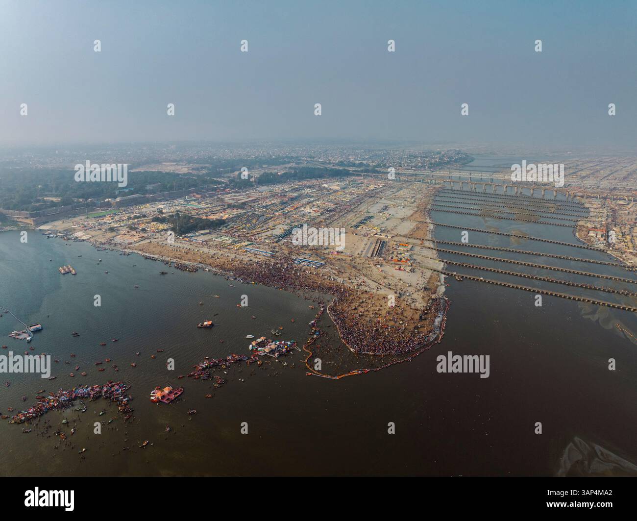 Aerial View of people gathering for Prayag Kumbh Mela along the Yamuna ...