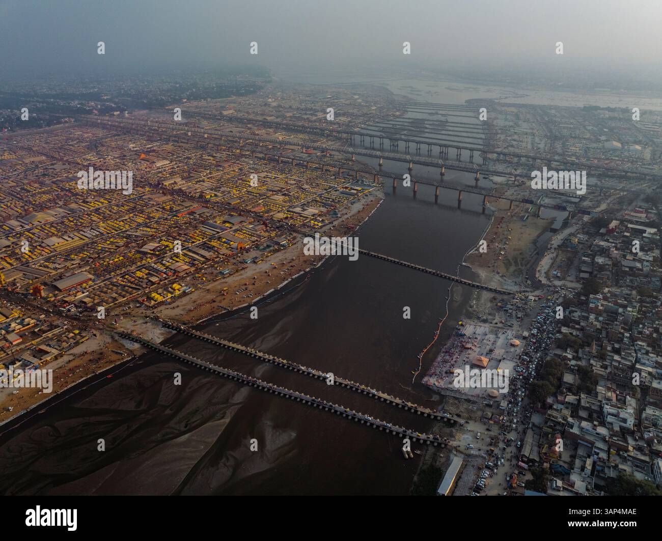 Aerial View of people gathering for Prayag Kumbh Mela along the Yamuna ...