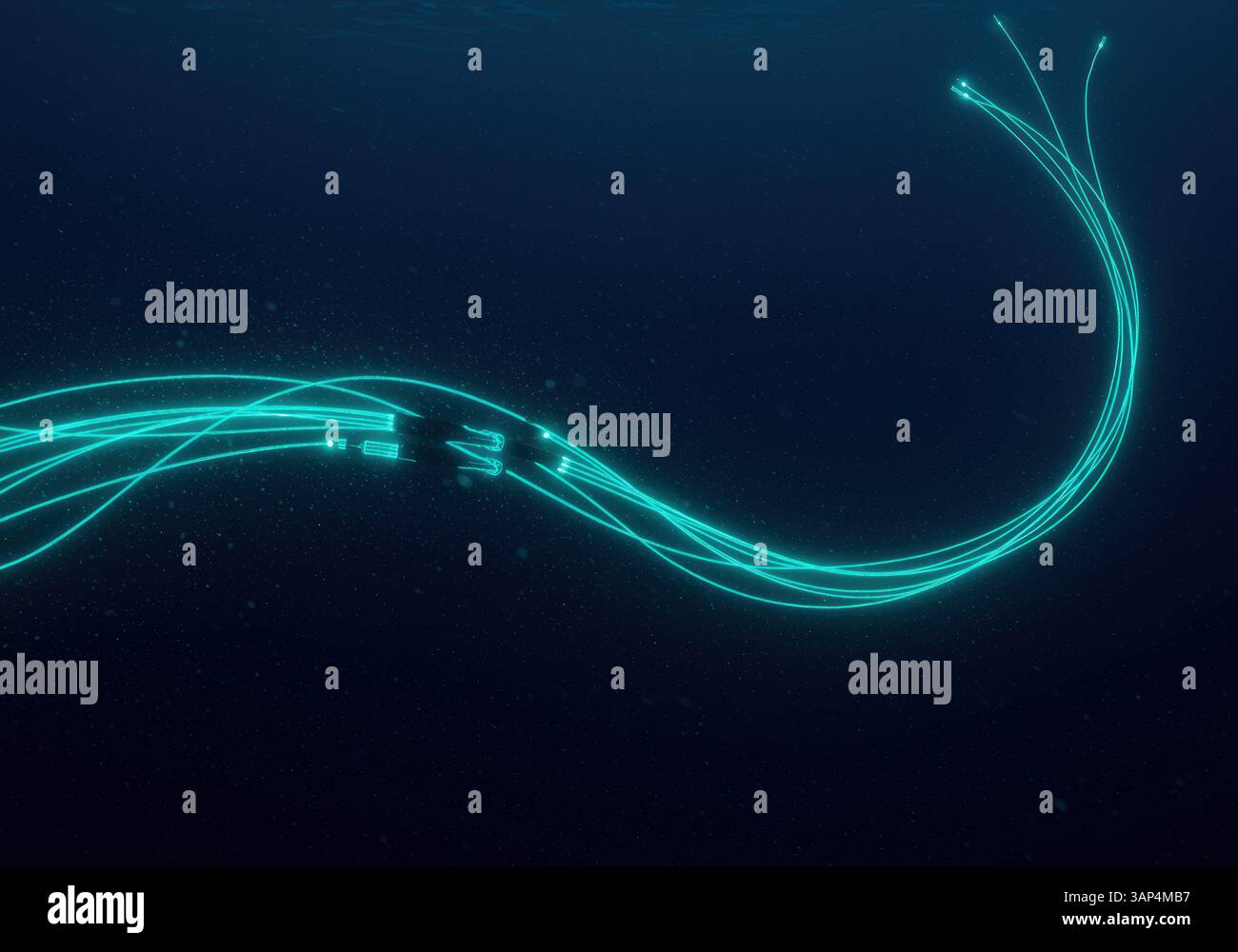 Glowing teal fiber optic cables gracefully curve through a dark blue ...