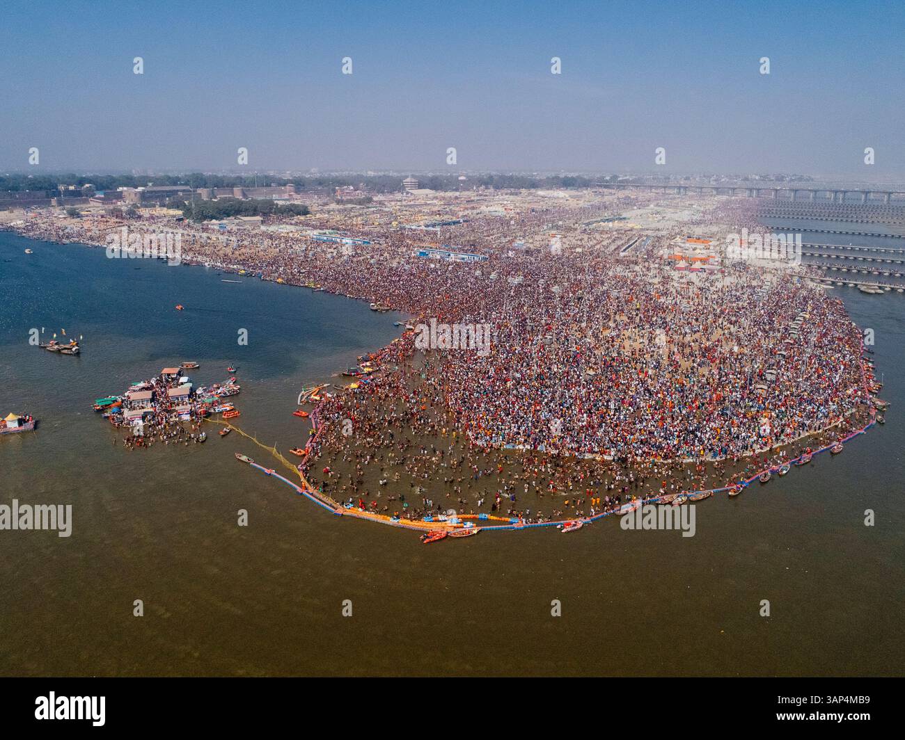 Aerial View of people gathering for Prayag Kumbh Mela along the Yamuna ...