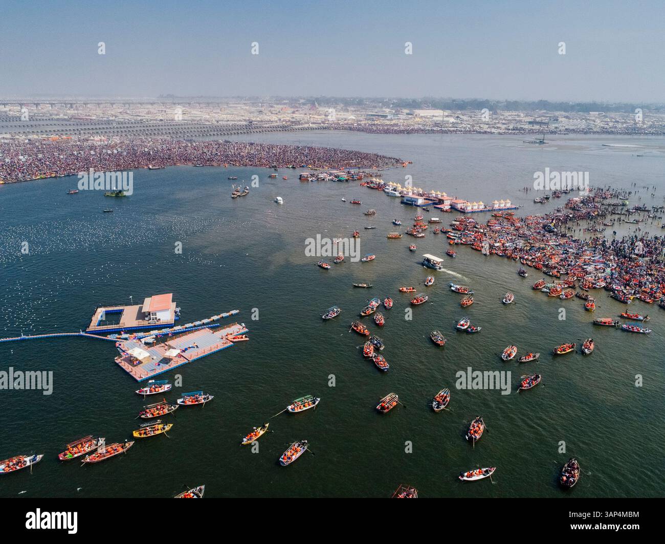 Aerial View of people gathering for Prayag Kumbh Mela along the Yamuna ...
