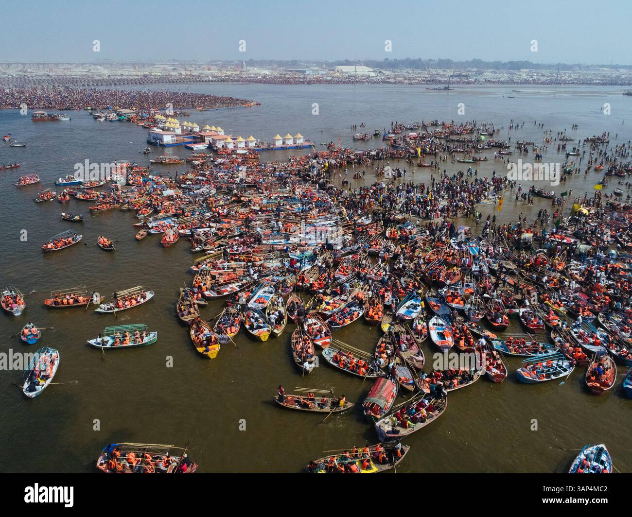 Aerial View of people gathering for Prayag Kumbh Mela along the Yamuna ...