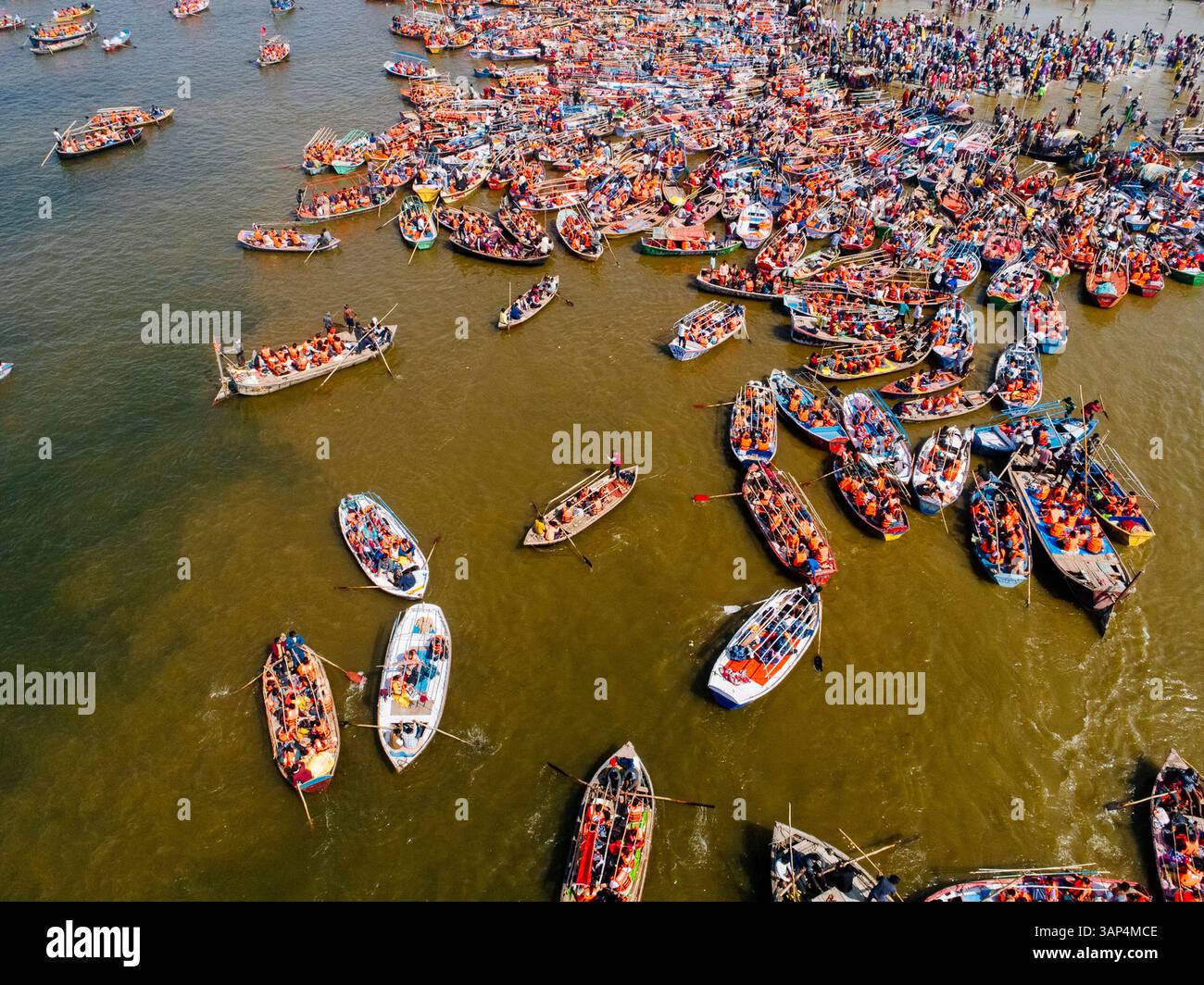 Aerial View of people gathering for Prayag Kumbh Mela along the Yamuna ...