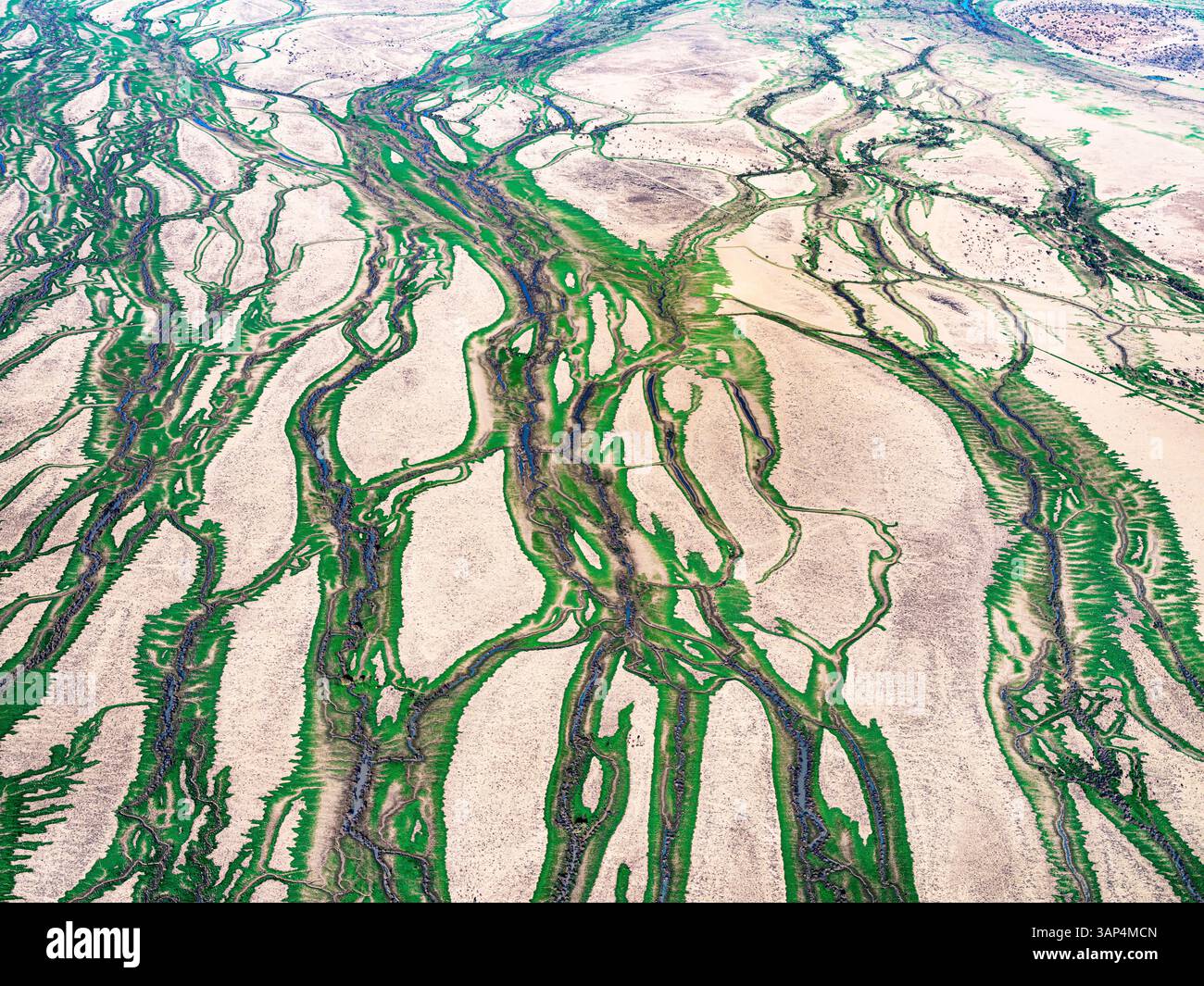 Aerial view of serpentine water patterns of Cooper Creek, The Channel ...