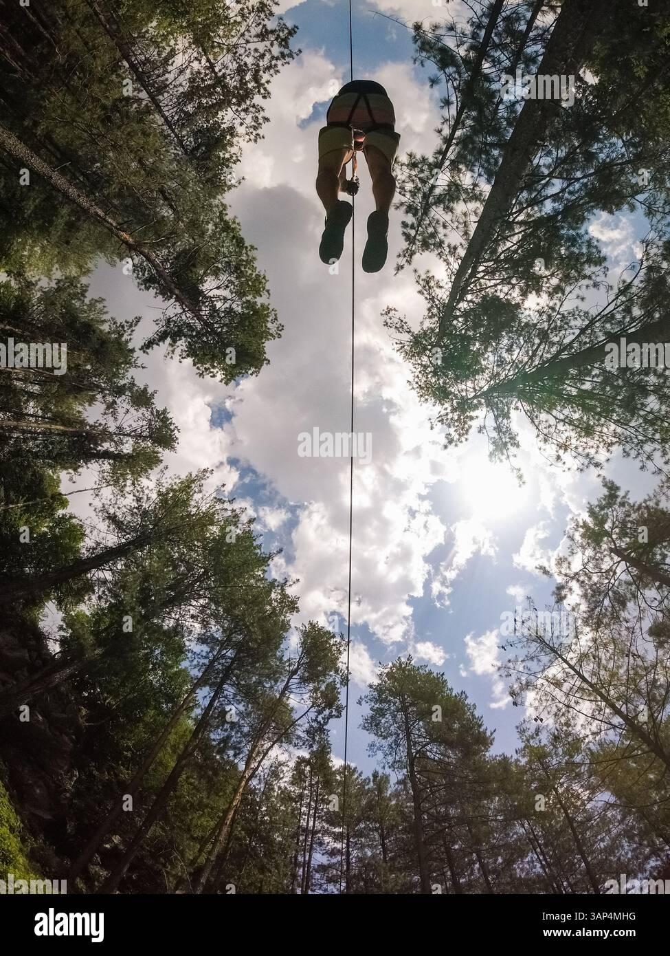 Aerial view of a person crossing the forest through a large zip line ...