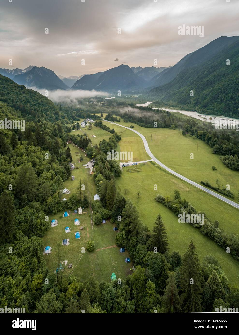 Aerial view of Soca river valley and eco-camp in Slovenia Stock Photo ...