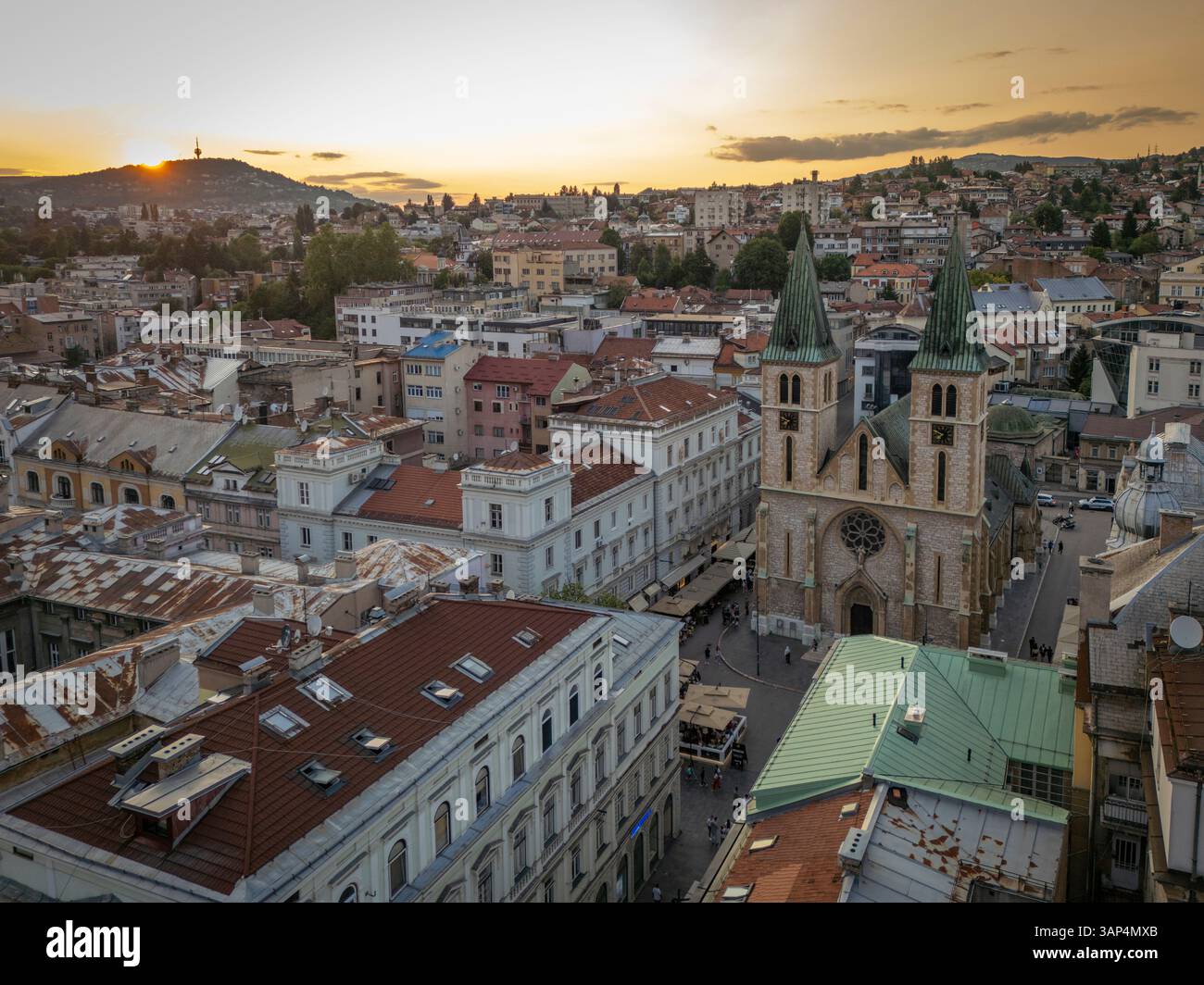 Aerial view of Bascarsija and Sacred Heart Cathedral with beautiful ...
