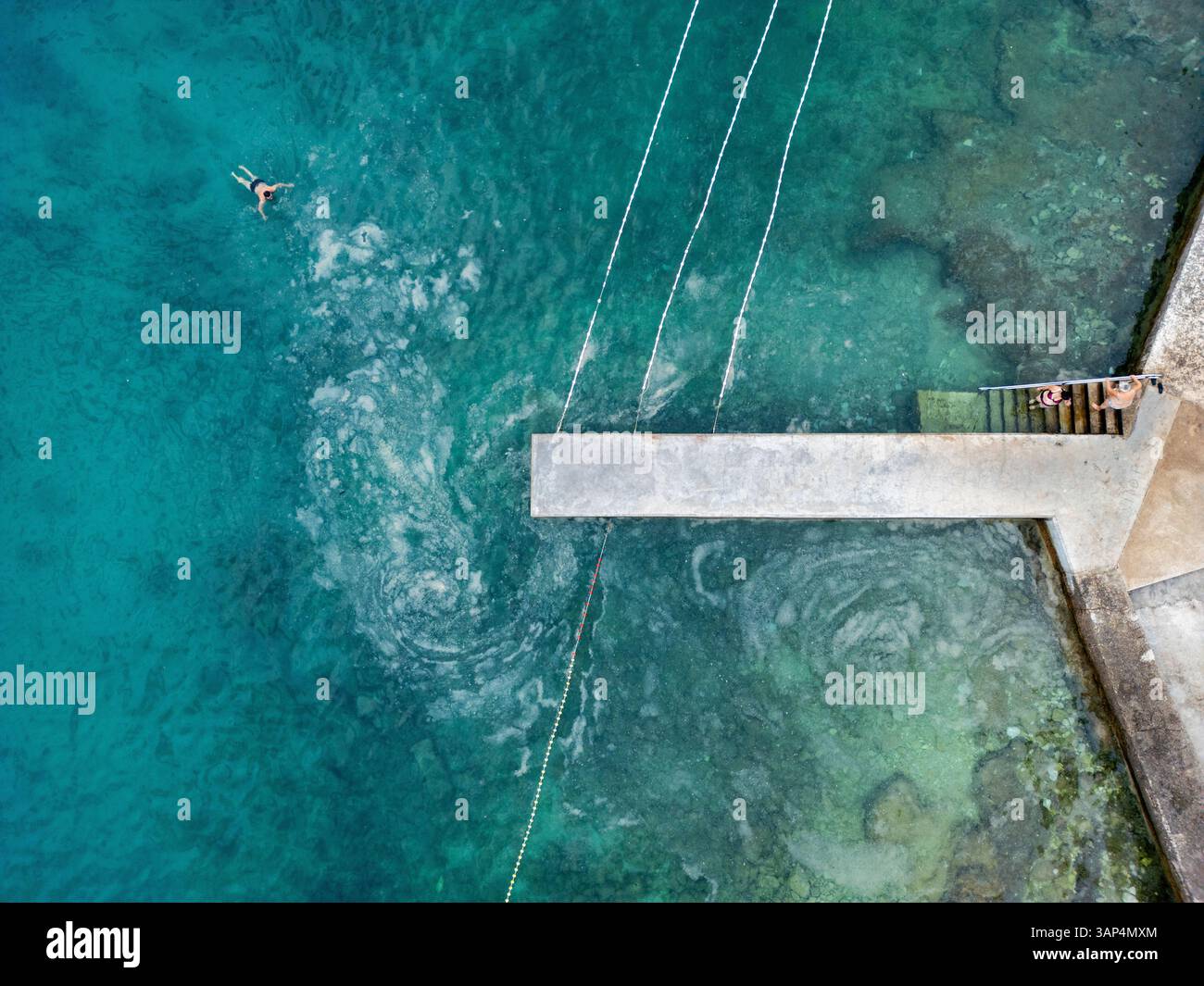 Aerial view of people swimming in algae accumulation in clear turquoise ...