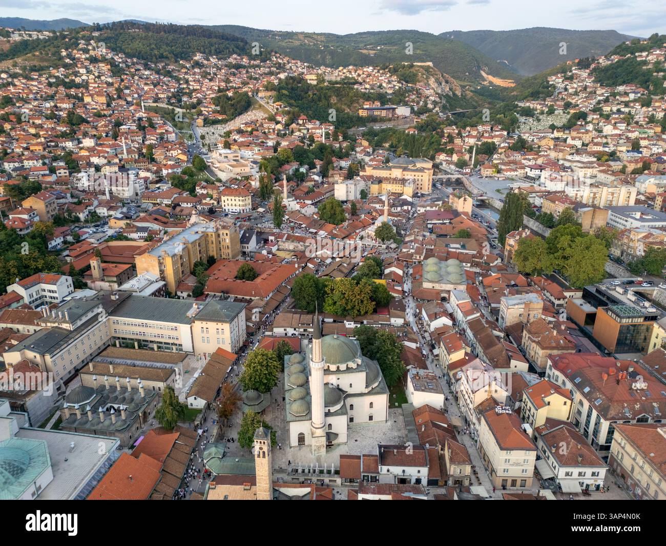 Aerial view of the historic Bascarsija and Gazi Husrev-beg Mosque ...
