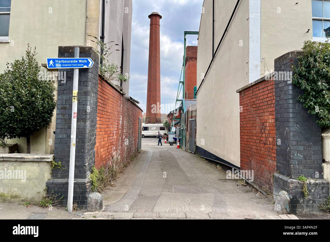 Looking towards the tall brick chimney of the Underfall Yard Pump House ...