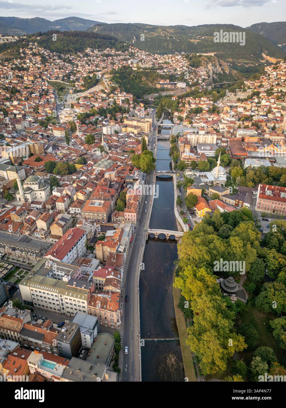Aerial view of beautiful Bascarsija with the Miljacka river and ...
