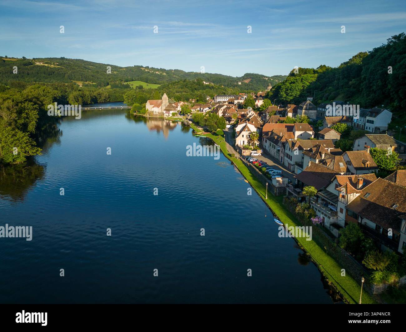 Aerial view of a picturesque village with charming houses and lush ...